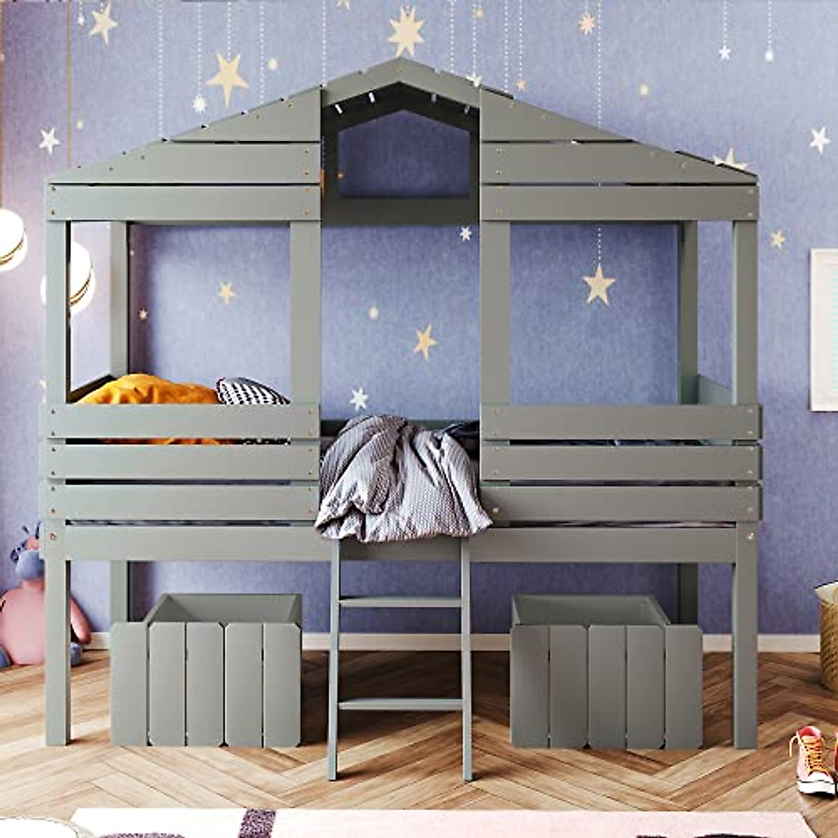 Merax Twin Kids Wood Low Loft House Bed with Drawers and Ladder Loft Bunk Bed for Juniors,Boys, Girls,No Box Spring Needed, Gray
