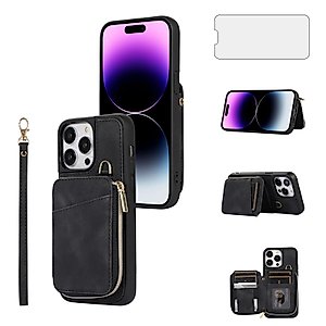 Asuwish Phone Case for iPhone 14 Pro Max 6.7 inch Wallet Cover with Screen Protector and Zipper Card Holder Stand Cell Accessories iPhone14promax 5G i Phone14Max Plus iPhone14 ProMax Women Men Black