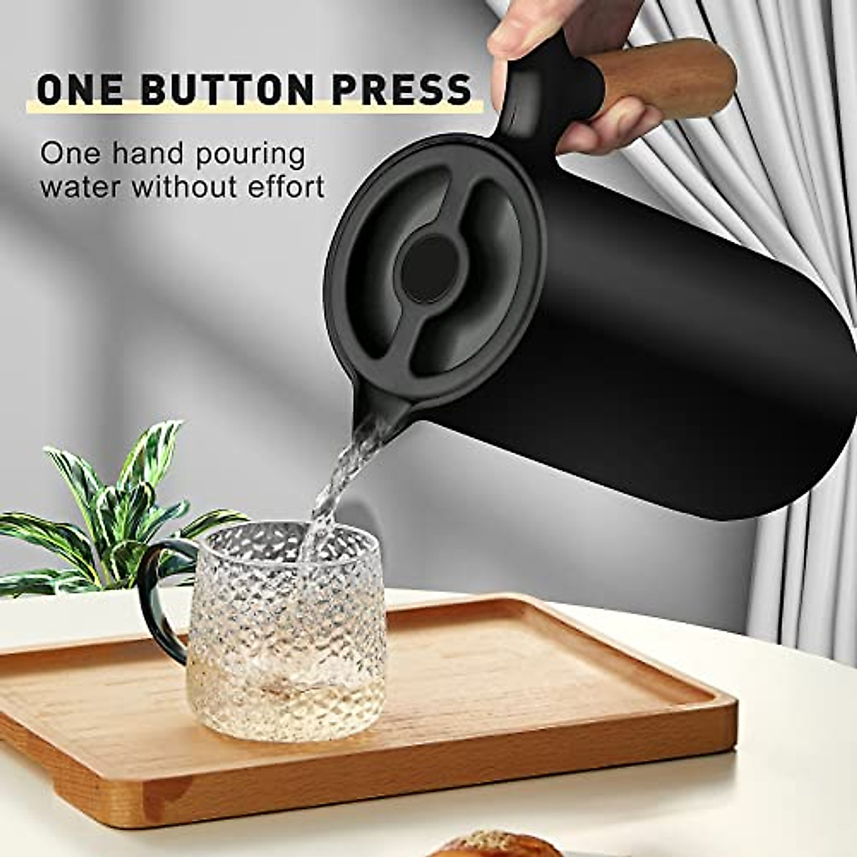 CUDINHAM Thermal Coffee Carafes for Keeping Hot,34oz Large Capacity Thermos for Hot Drinks,24 Hours Heat Retention,Double Wall Vacuum Coffee Thermos with Solid Wood Handle.(Black)