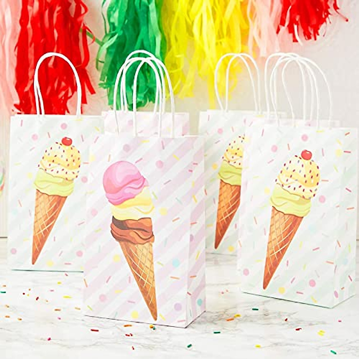 BLUE PANDA Ice Cream Birthday Party Favor Gift Bags with Handles (9 x 5.5 x 3.15 in, 24 Pack)