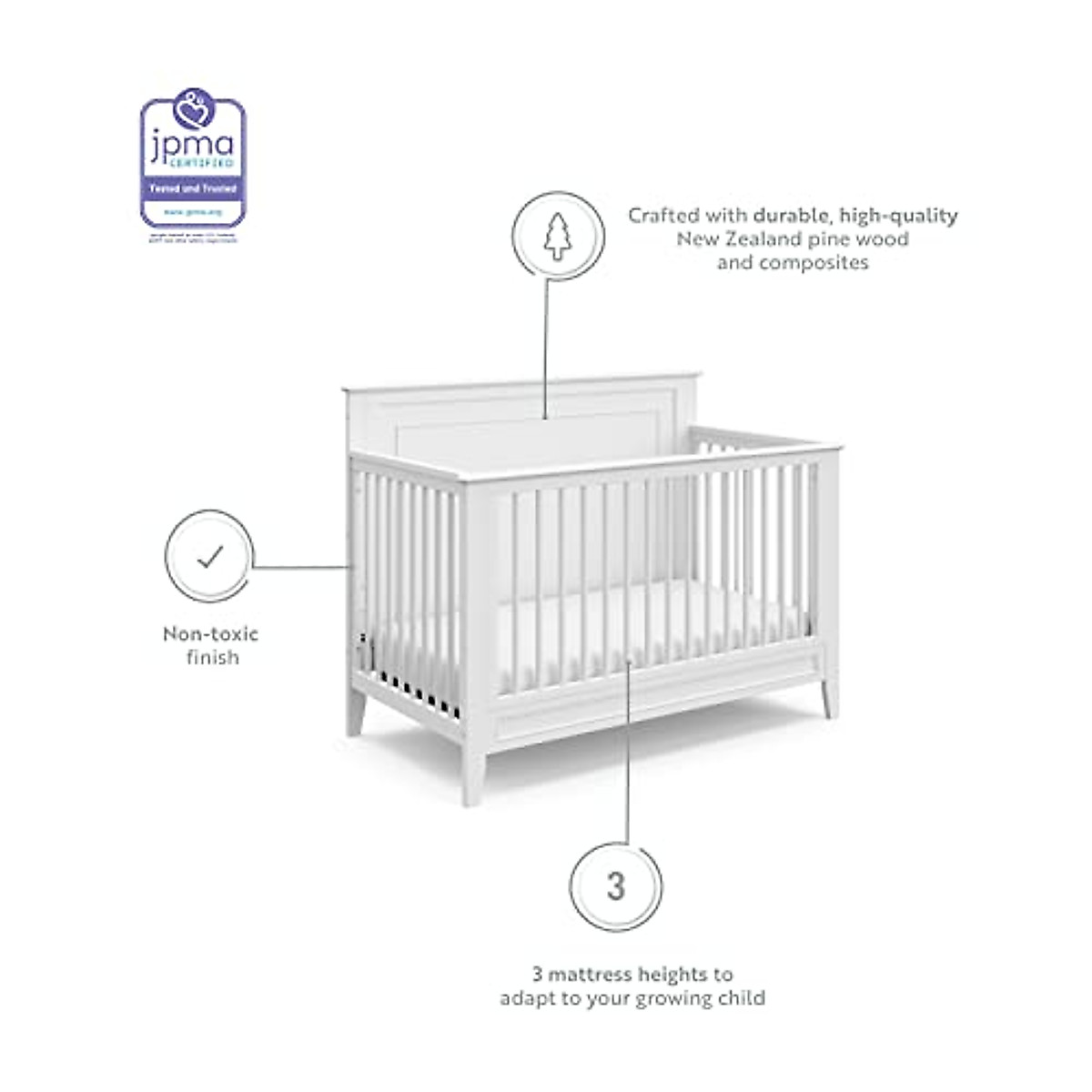 Storkcraft Solstice 5-In-1 Convertible Crib (White) – GREENGUARD Gold Certified, Converts to Toddler Bed and Full-Size Bed, Fits Standard Full-Size Crib Mattress, Adjustable Mattress Support Base