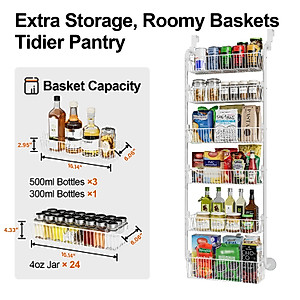 Over the Door Pantry Organizer, W17.5inch Wider Metal Over the Door Organizer, 6-Tier Pantry Door Organizer Spice Rack for Easy Install, 60 LBS Load Over the Door Storage, L17.5W6.7H53.7inch, White