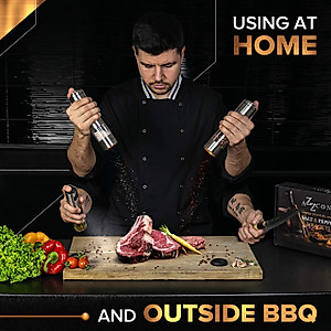 Electric Salt and Pepper Grinder Set | Stainless Steel Battery Operated Mill with Light | Pack with Oil Sprayer, Silicone Funnel, Cleaning Brush, and eBook | Adjustable Coarseness | Ceramic Grinders