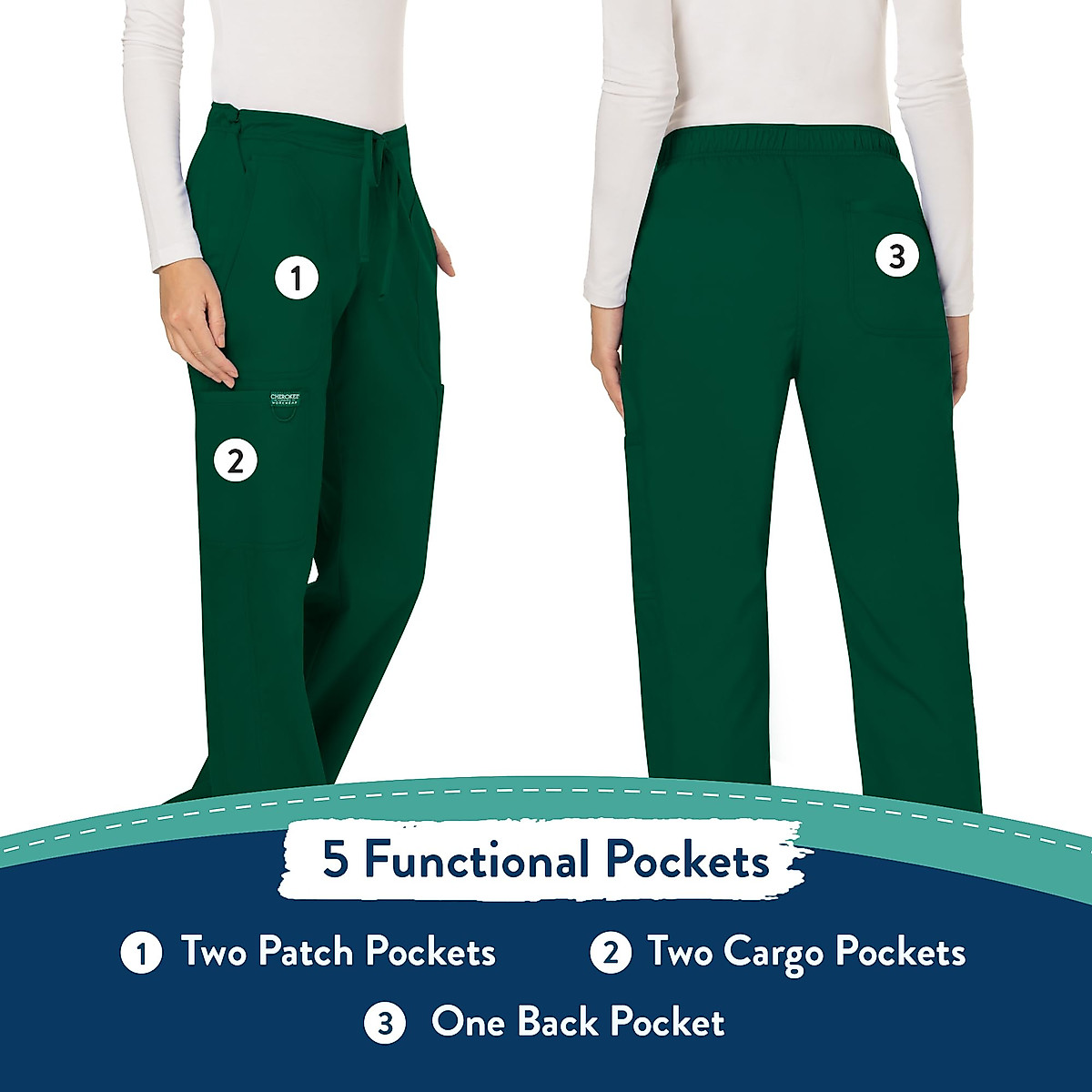 WW Revolution by Cherokee Women's Mid Rise Moderate Flare Drawstring Pant Tall, Hunter Green, X-Small Tall