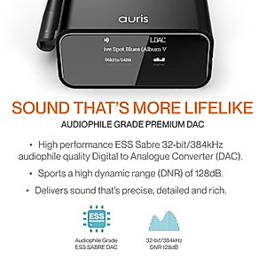 Auris Blume Pro HiFi Bluetooth 5.0 Music Receiver Long Range Bluetooth Adapter with Audiophile DAC, LDAC, aptX HD, OLED Display & Optical Coaxial AUX Output for Home Stereo, AV Receiver or Amplifier