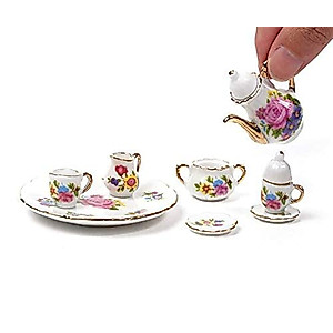 EatingBiting Collection Level 1:12 Elegant Flora Miniature Mini House Porcelain Tea Dish, Teapot, Cup, Plate Craft Set, DIY Scene Home Furniture Accessories