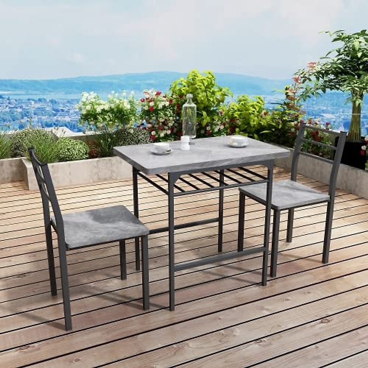 AnwickNomo Dining Table Set for 2, 3-Piece Bistro Table and Chairs Set, Breakfast Nook Table Set, Small Kitchen Table Set for 2, Dinette Set with Black Frame & Printed Gray Marble Finish (Gray)