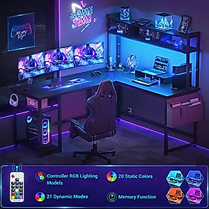 Aheaplus L Shaped Desk with Power Outlet & LED Strip, Reversible Corner Computer / Gaming Desk with Storage Shelf & Monitor Stand, Modern 2 Person For Home Office, Writing , Black