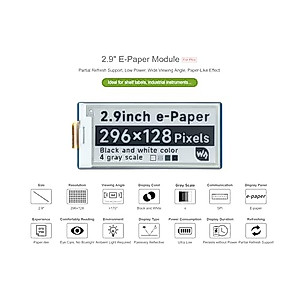 waveshare 2.9inch E-Paper E-Ink Display Module for Raspberry Pi Pico 296×128 Pixels Black/White Partial Refresh Support with SPI Interface