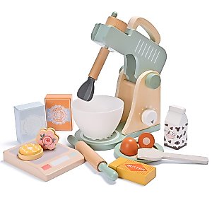 MONT PLEASANT Play Kitchen Accessories, Pretend play food sets for kids kitchen, Wooden Toy Mixer Set, Blender Bake Cookies Playset Cooking Kitchen Accessories Toys for Boys Girls Ages 3+