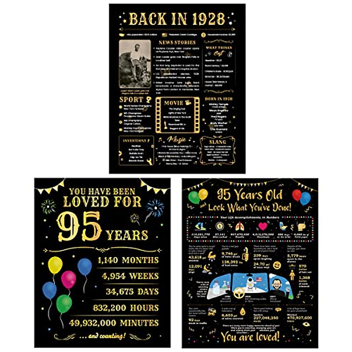 [Set of 3] 95th Birthday Decorations - 95th Birthday Gifts for Women or Men - Funny 95 Years Old Birthday Party Supplies for Parents - Birthday Gift Ideas for Her or Him - Back in 1928 Poster [Unframed 8x10]