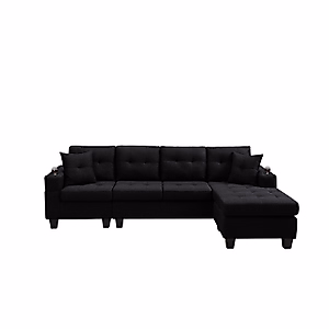 GINGVAT L Shaped Upholstered Sectional Sofa, Modern Fabric Couch with Reversible Chaise and 2 Cupholders, Living Room Furniture Fashion Design, Black
