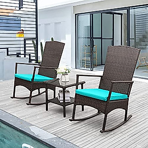 Outdoor PE Wicker Rocking Chair 3-Piece Patio Rattan Bistro Set 2 Rocker Armchair and Glass Coffee Side Table Furniture, Washable Lacing Cushion (Turquoise)