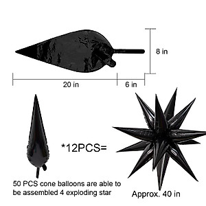 Maylai 50 PCS 40" Large Black Star Balloons Big Metallic Explosion Star Foil Balloons 12 Point Star Balloons Starburst Cone Mylar Balloons Spike Balloons for Birthday Christmas Party Decoration