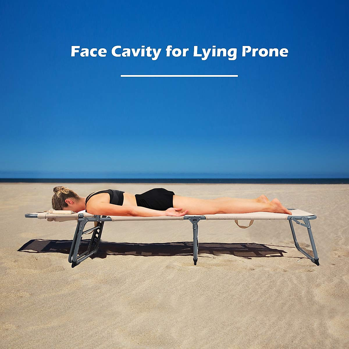 GYMAX Tanning Chair, Beach Lounge Chair with Face Hole, 5 Level Adjustable Backrest, Removable Pillow & Carry Handle, Adult Layout Sunbathing Chair for Outside Beach Poolside Lawn Patio (1, Sand)