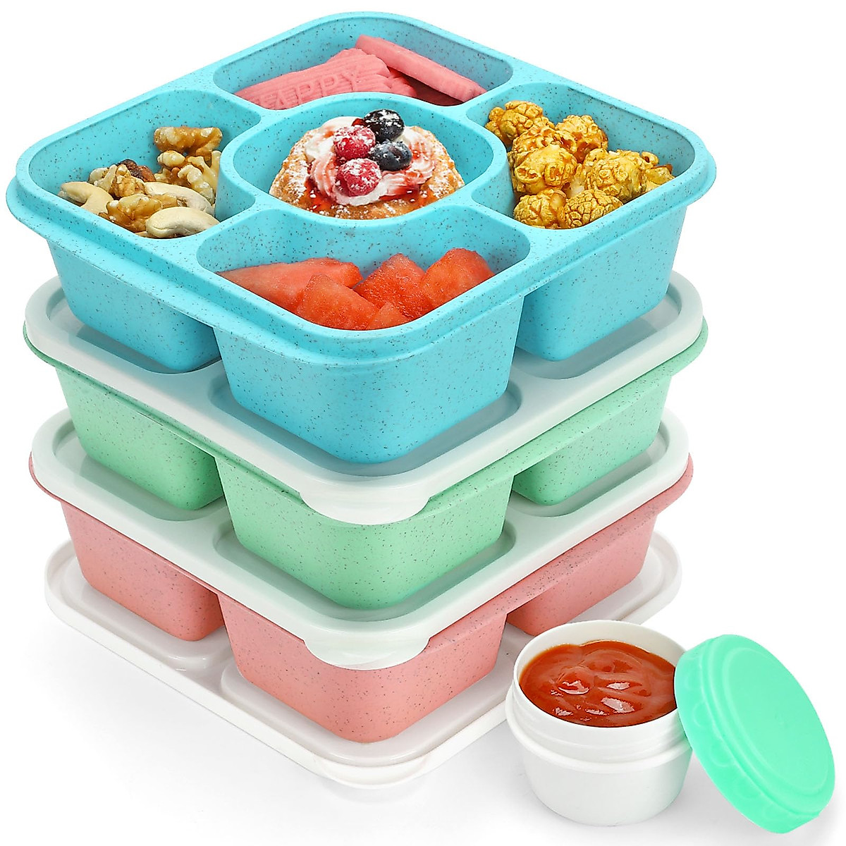 FANCILLA Bento Snack Containers for Kids Adults, 3 Pack Reusable Lunchable Bento Snack Boxes with 5 Compartments & 1 Leakproof Sauce Containers, Wheat Straw, BPA-Free, Stackable (Classic Vintage)