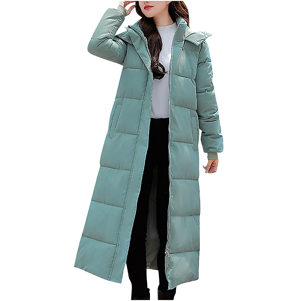 SMIDOW promo codes for today Women's Long Quilted Coat Fashion Ladies Maxi Length Winter Thickened Hooded Puffer Jacket Side Slit Button Outwear womens long winter coat Green 2X
