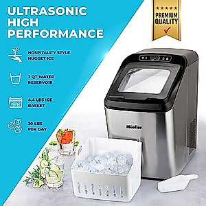 Mueller Nugget Ice Maker Machine, Quietest Heavy-Duty Countertop Ice Machine, 30 lbs of Ice per Day, Compact Portable Ice Cube Maker, 3 QT Water Reservoir, Self-Cleaning with Basket