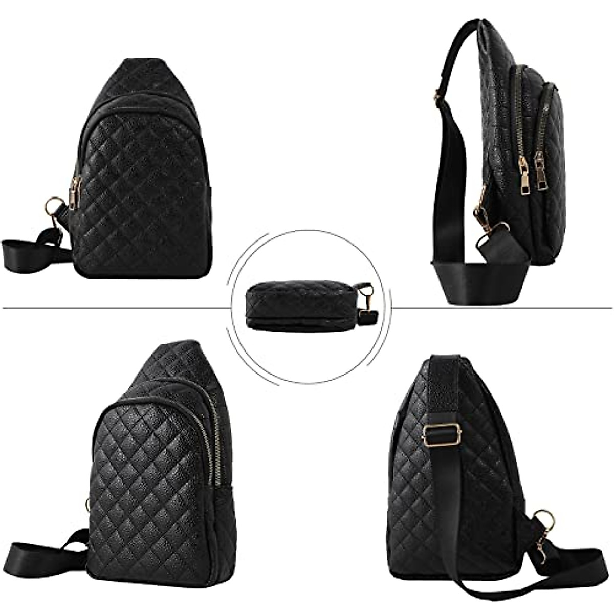 EMBRUNIOICE PU Leather Sling Bag for Women Quilted Crossbody Sling Backpack for Cycling Hiking Travel（Black）
