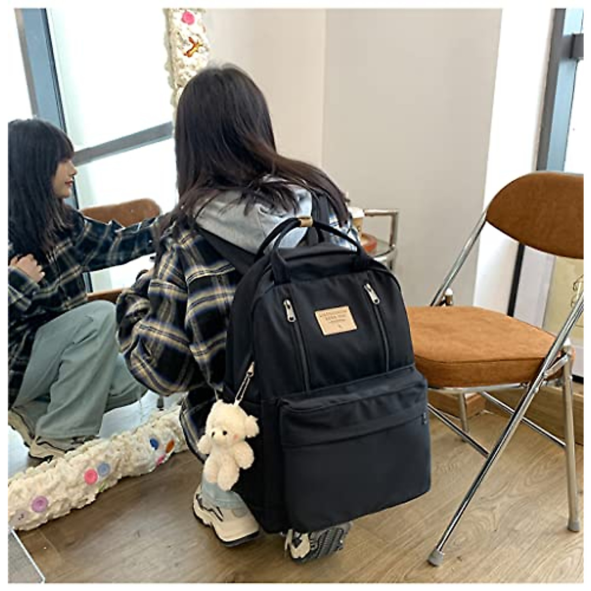 JHTPSLR Preppy Backpack with Plushies Cute Vintage Backpack for School Girls Light Academia Bookbags Preppy Aesthetic Backpack (Black)