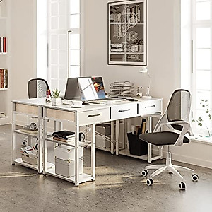 ODK Office Small Computer Desk: Home Table with Fabric Drawers & Storage Shelves, Modern Writing Desk, White, 48"x16"