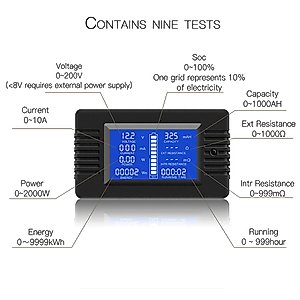 DC Multifunction Battery Monitor Meter,0-200V,0-10A (Widely Applied to 12V/24V/48V RV/Car Battery) LCD Display Digital Current Voltage Solar Power Meter Multimeter Ammeter Voltmeter