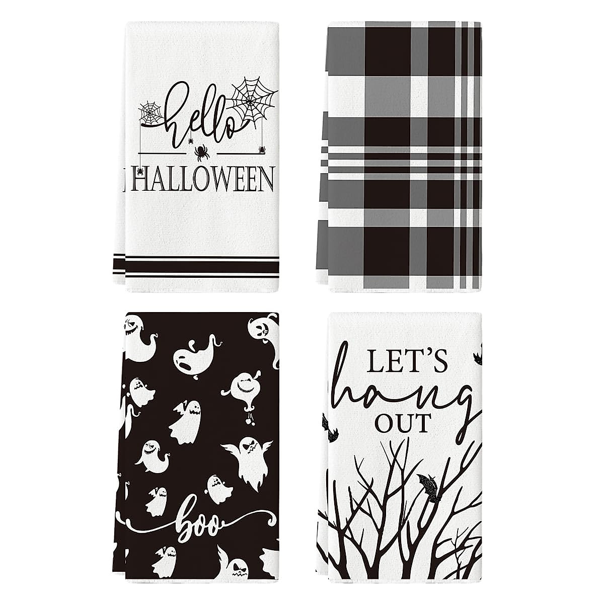 Artoid Mode Buffalo Plaid Ghosts Boo Bats Let's Hang Out Hello Halloween Kitchen Towels Dish Towels, 18x26 Inch Seasonal Decor Hand Towels Set of 4