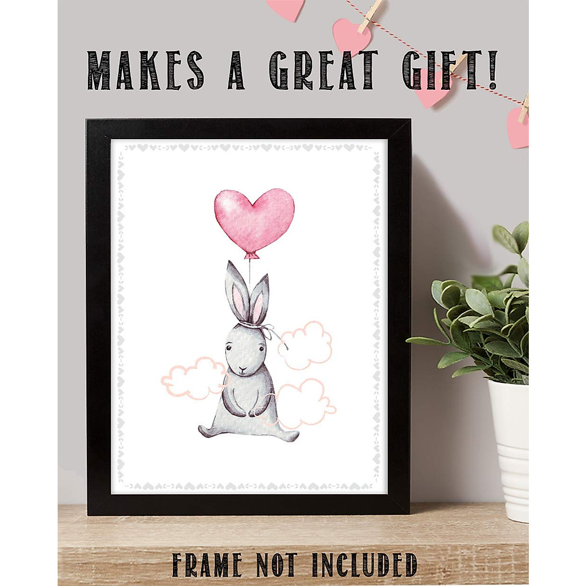 TJ Originals - Children's Nursery Bunny Wall Art - Unframed 11 x 14 Cute Colour Print - Makes a Great Gift for Family and Friends - Unique New Baby Gift, Under $20 Gift (Bunny Pink Balloon)