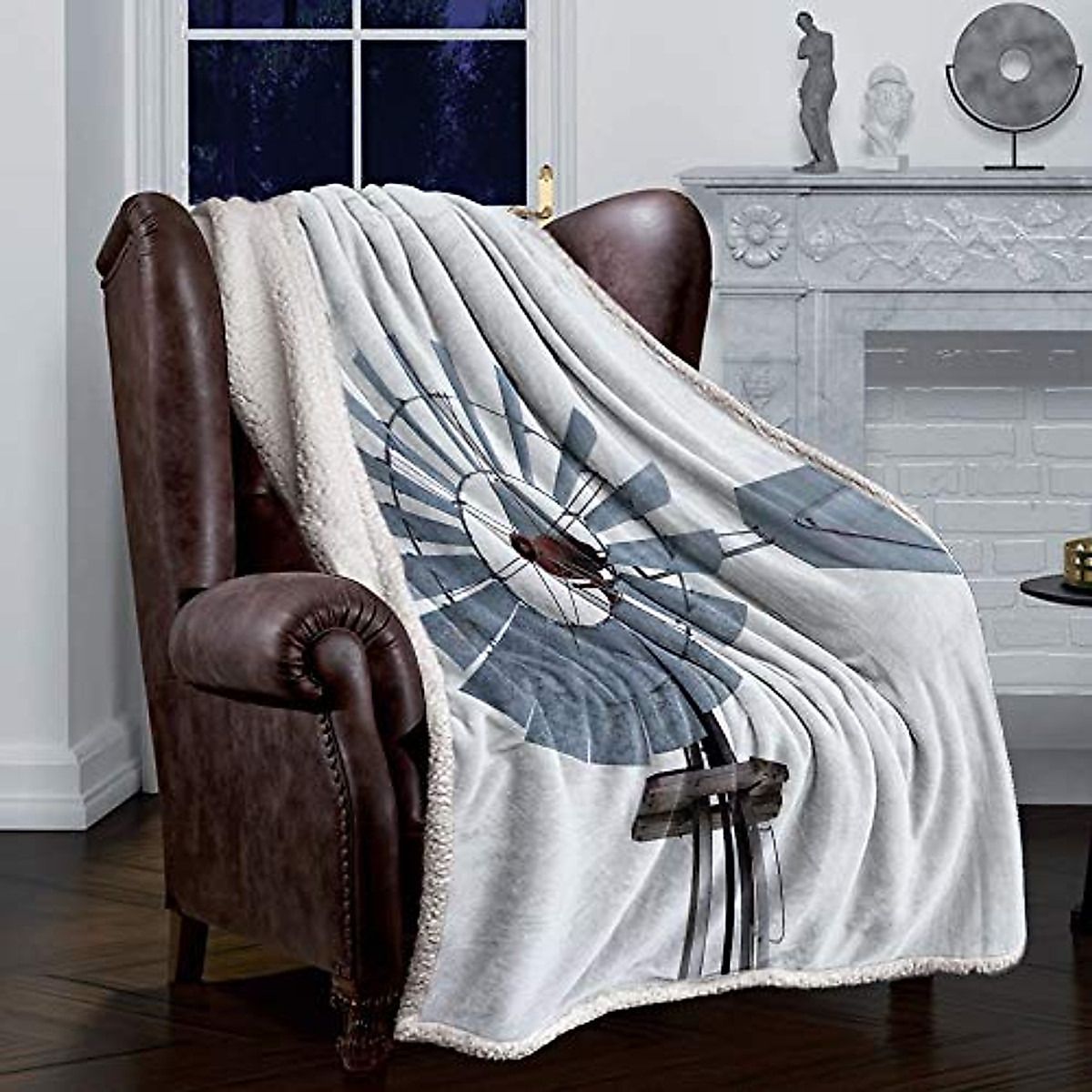 Litter Star Sherpa Fleece Throw Blanket Fluffy Fuzzy Cozy Flannel Plush Blankets Farm Windmill Reversible Soft Warm Bed Throws Farmhouse Blanket for Couch,Sofa,Travel