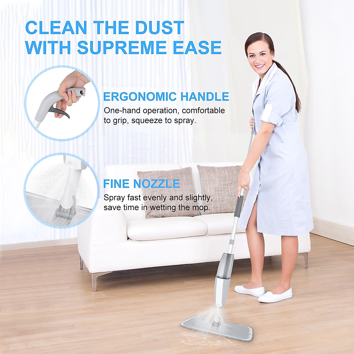 Tobeelec Spray Mop for Floor Cleaning, Microfiber Floor Mop Dry Wet Mop for Laminate Tile Ceramic Hardwood Wooden Vinyl with 4 Reusable Pads & 2 Refillable Bottle & 1 Scraper(Gray)