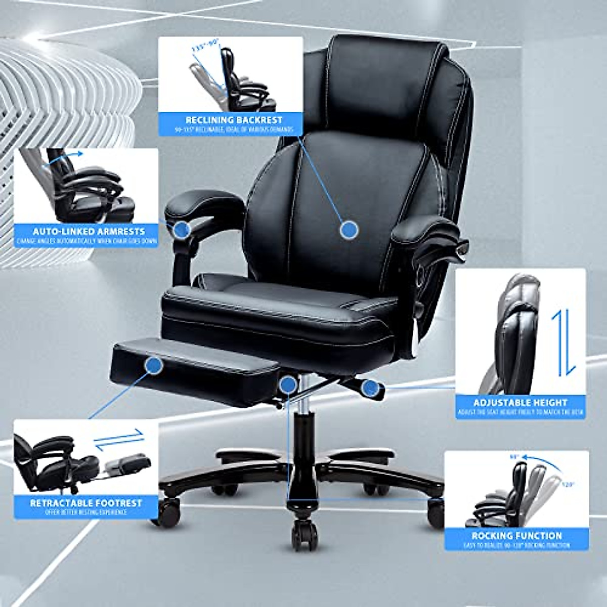 Comermax High Back Big and Tall Office Chairs 90-135° Reclining Office Chair for 400lb Heavy People, Plus Size Rocking Managerial and Executive Chairs with Footrest (Black)