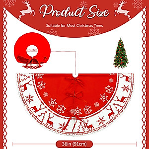OurWarm Christmas Tree Skirt 36 Inch, Small Xmas Tree Skirts with Snowflake and Reindeer Pattern, Red and White Tree Mat for Christmas Winter Holiday Indoor Decorations