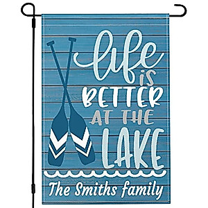 Personalized Life is Better at the Lake Garden Flag, Custom Personal Information Linen Lake House Yard Outdoor Decor Welcome Flag, Double Sided 12" x 18"