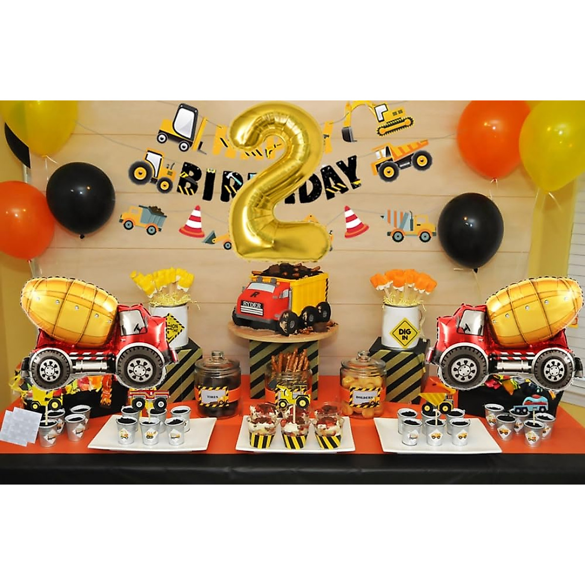 Construction 2nd Birthday Party Supplies Dump Truck Party Decorations Kits Set for Kids Two Years Old Birthday with Cake Toppers Balloons Banners Signs