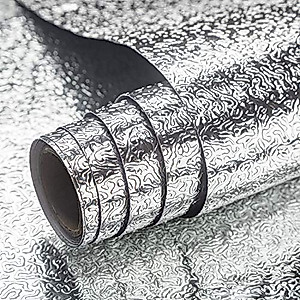 BAYYA Silver Kitchen Backsplash Wallpaper Stickers Peel and Stick Aluminum Foil Contact Paper Self Adhesive Waterproof Oil-Proof Heat Resistant Wall Sticker for Countertop Drawer Liner Shelf Liner