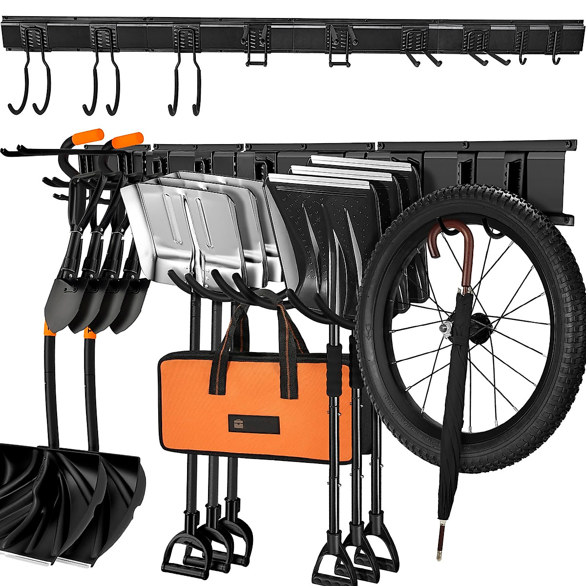 Tool Storage Rack - Garage Tool Organizer Wall Mount, 13Pcs Heavy Duty Garden Tool Organizer with 4 Rails & 9 Hooks for Garage Garden Shed Yard, 64in Adjustable Garage Storage Rack, Max Load 600 Lb