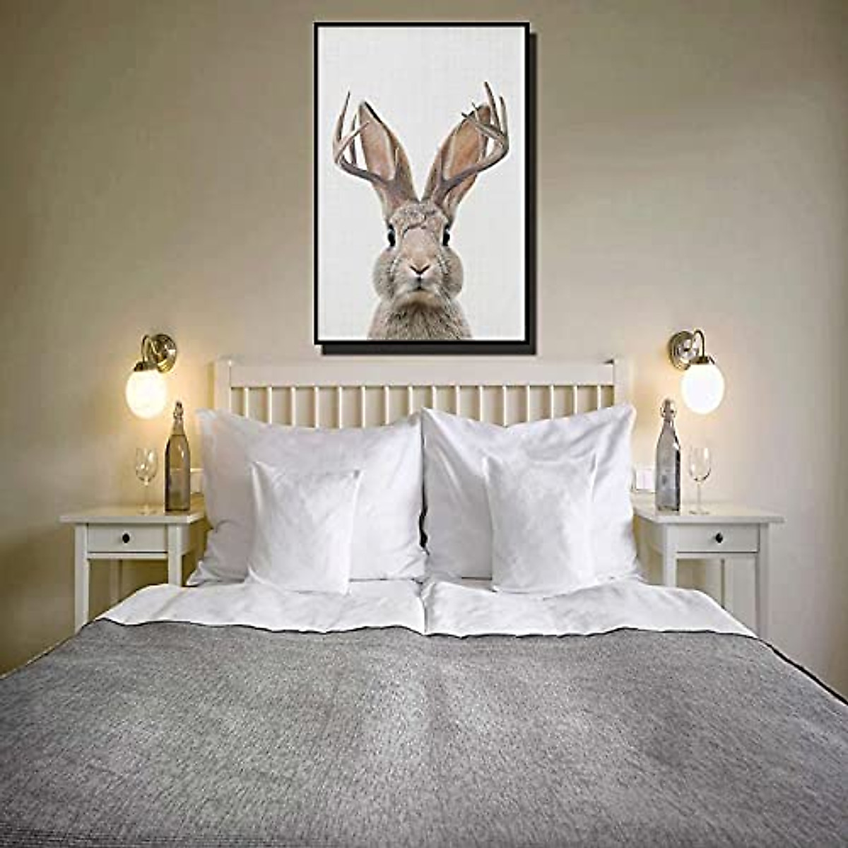 With Frame Jackalope Wall Art Mythical Creature Nursery Rabbit with Antler Print Woodland Animal Decor Modern Canvas Art Easter Decorations Wall Decor 08x12inch Wooden Framed