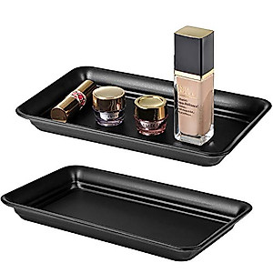 Vintage Farmhouse Decor Metal Vanity Tray(2 Pack),Countertop Guest Hand Towel Storage Organizer Tray Dispenser, Sturdy Holder for Perfume,Cosmetics, Jewelry, Makeup Bathroom Organizer (Black)