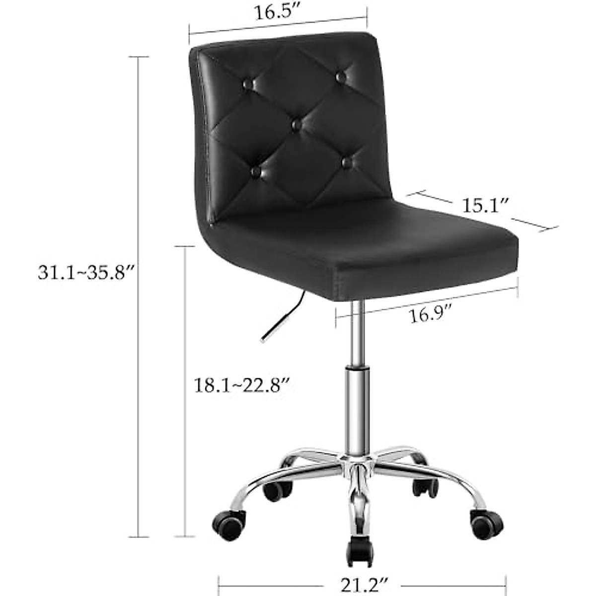VECELO PU Leather Mid-Back Armless Desk Chair Adjustable Height 360° Rolling Swivel for Home Office Work, Black