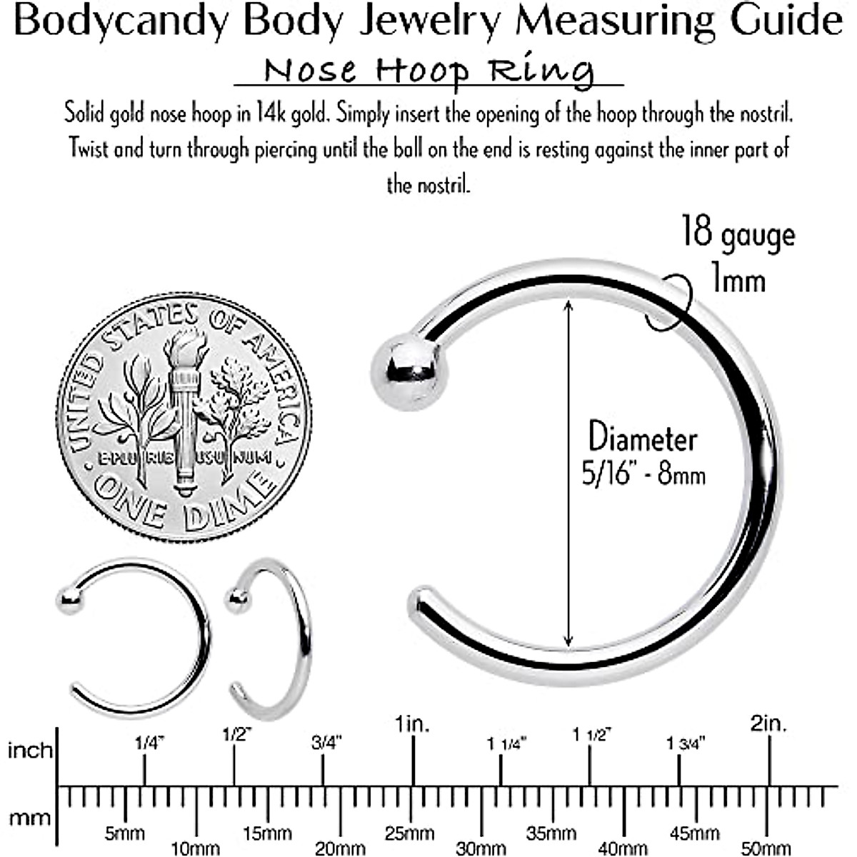 Body Candy Nose Hoops 14k Gold White Gold Nose Ring Piercing Jewelry 18 Gauge 5/16"
