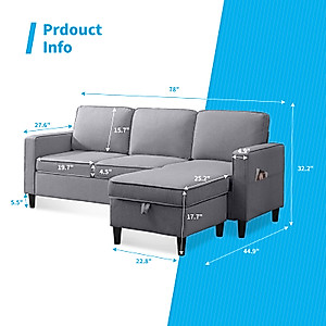 Mjkone 78“ Sectional Sofa Couch for Living Room | Convertible Linen Sofa Chaise with Reversible Storage Ottoman | Modern Modular Sofa with 2 Side Pockets | Small Sofa for Small Places (Light Grey)