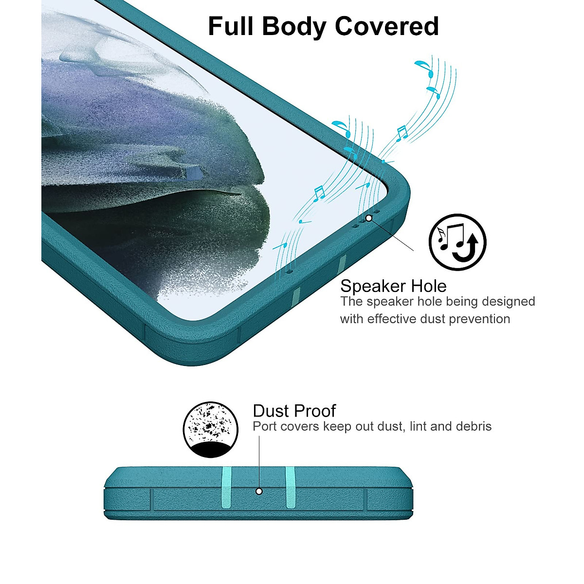 Dahkoiz for Samsung Galaxy S21 FE 5G Case, and Glass Screen Protector, Dust Proof Port Cover, Full Body Protection Durable Rubber Cover Phone Case, Teal