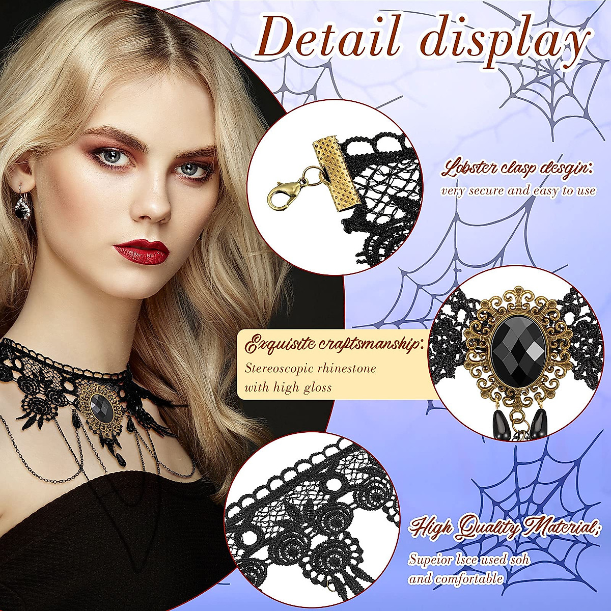 MTLEE 9 Pieces Black Gothic Lace Choker for Women Black Victorian Choker Elegant Retro Necklaces for Girl Punk Party Steampunk Vampire Cosplay Costumes Jewelry