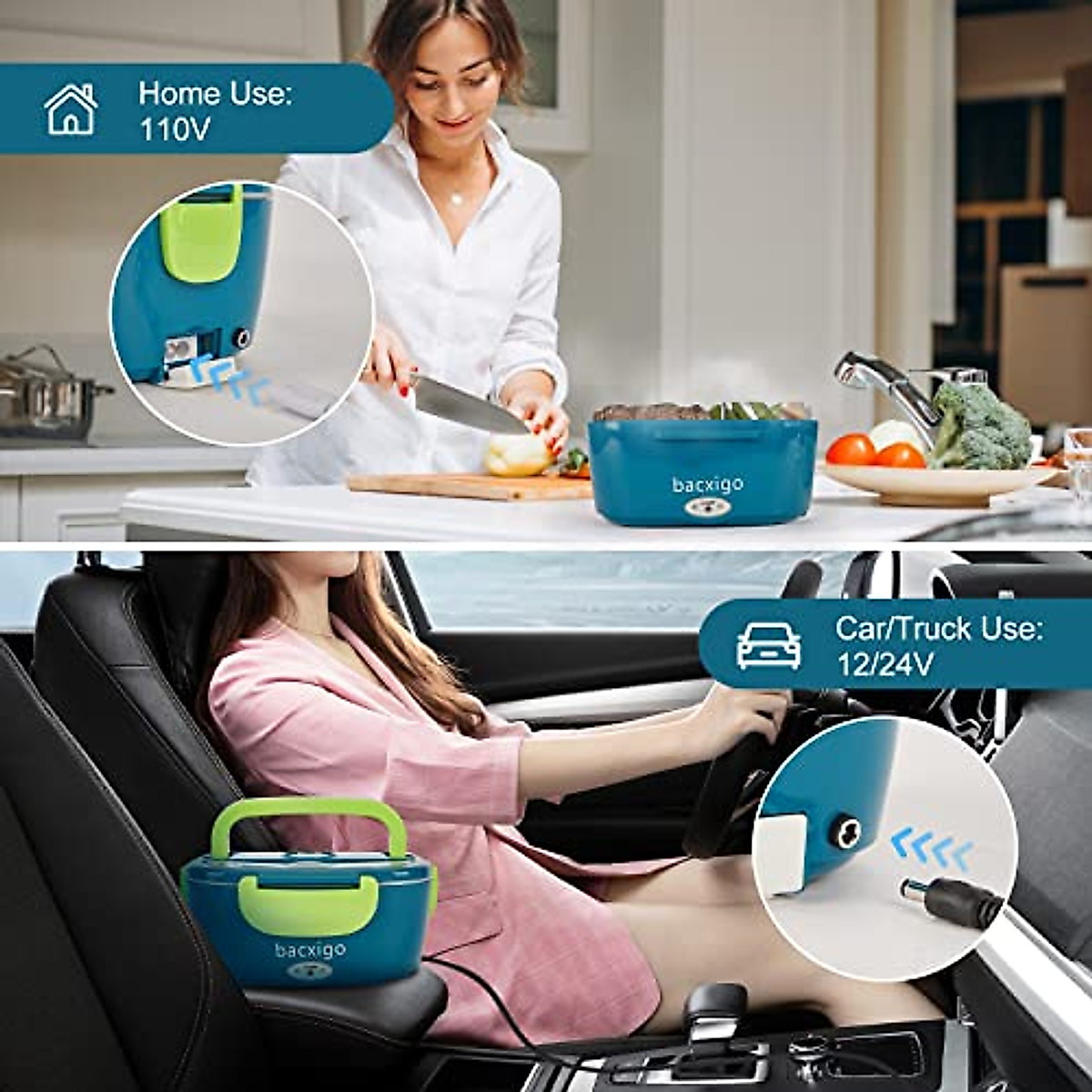 bacxigo Electric Lunch Box Food Heater 2-In-1 Portable Food Warmer for Car & Home,Leak Proof,2 Compartments Removable 304 Stainless Steel Container,SS fork & spoon and Carry Bag (green)