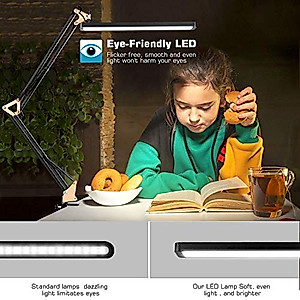 AXUF LED Desk Lamp, Metal Swing Arm Desk Lamp with Clamp, Eye-Caring Architect Desk Light, Dimmable Table Lamp with 3 Color Modes 10 Brightness Levels & Adapter, Memory Function, Rose Gold + Black