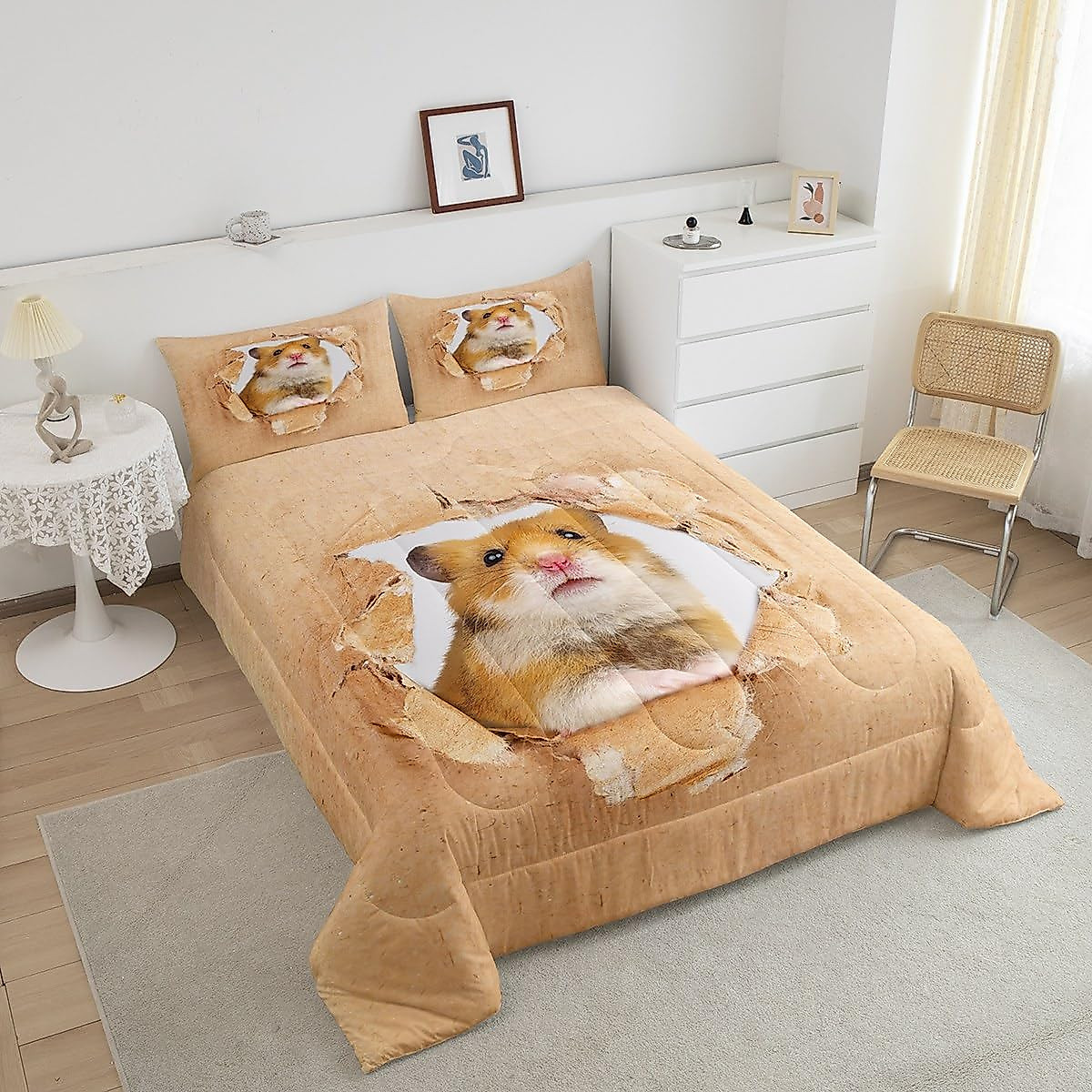 Erosebridal Hamster Comforter Set Twin Size Brown Mouse Bedding Set 3D Cute Animal Down Comforter Kawaii Pet Bedroom Decor Warm Soft Quilt Set for Kids Boys Girls Teens