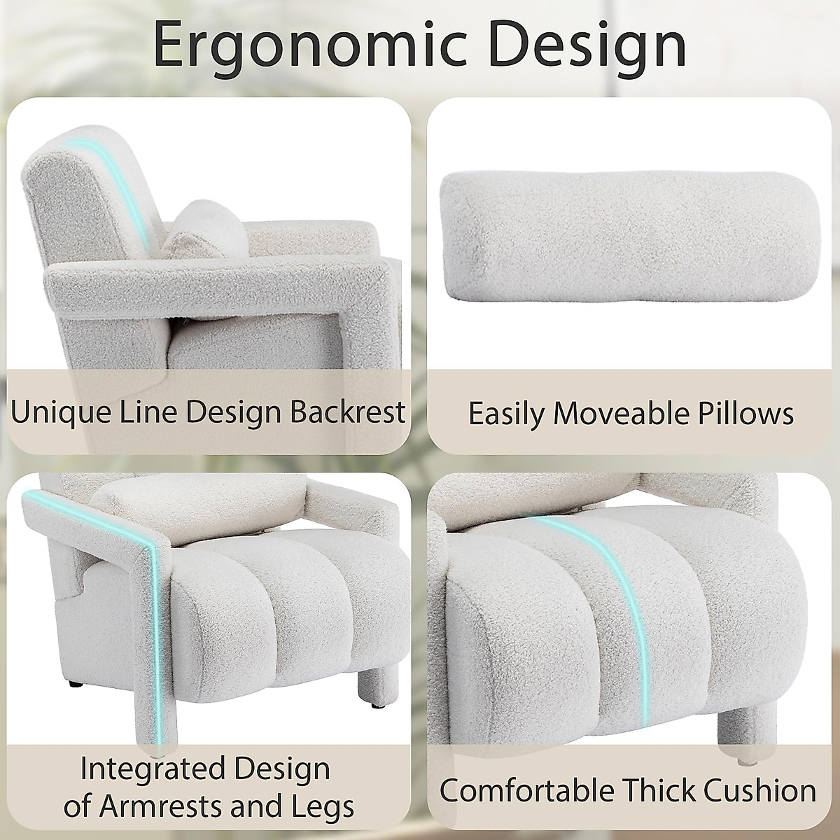 LOULENS Lambswool Accent Chair, Modern Upholstered Sherpa Accent Chair, Comfy Teddy Single Armchair with Pillow for Living Room, Bedroom (Beige, Backrest Under The Cushion)