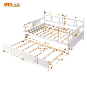 Lepfun Full Daybed with Twin Size Trundle, Wood Full Size Bed Frame with Rails in Three Sides, Full Sofa Bed for Living Room, Bedroom, Apartment, Dorm, No Box Spring Needed (Full, White)