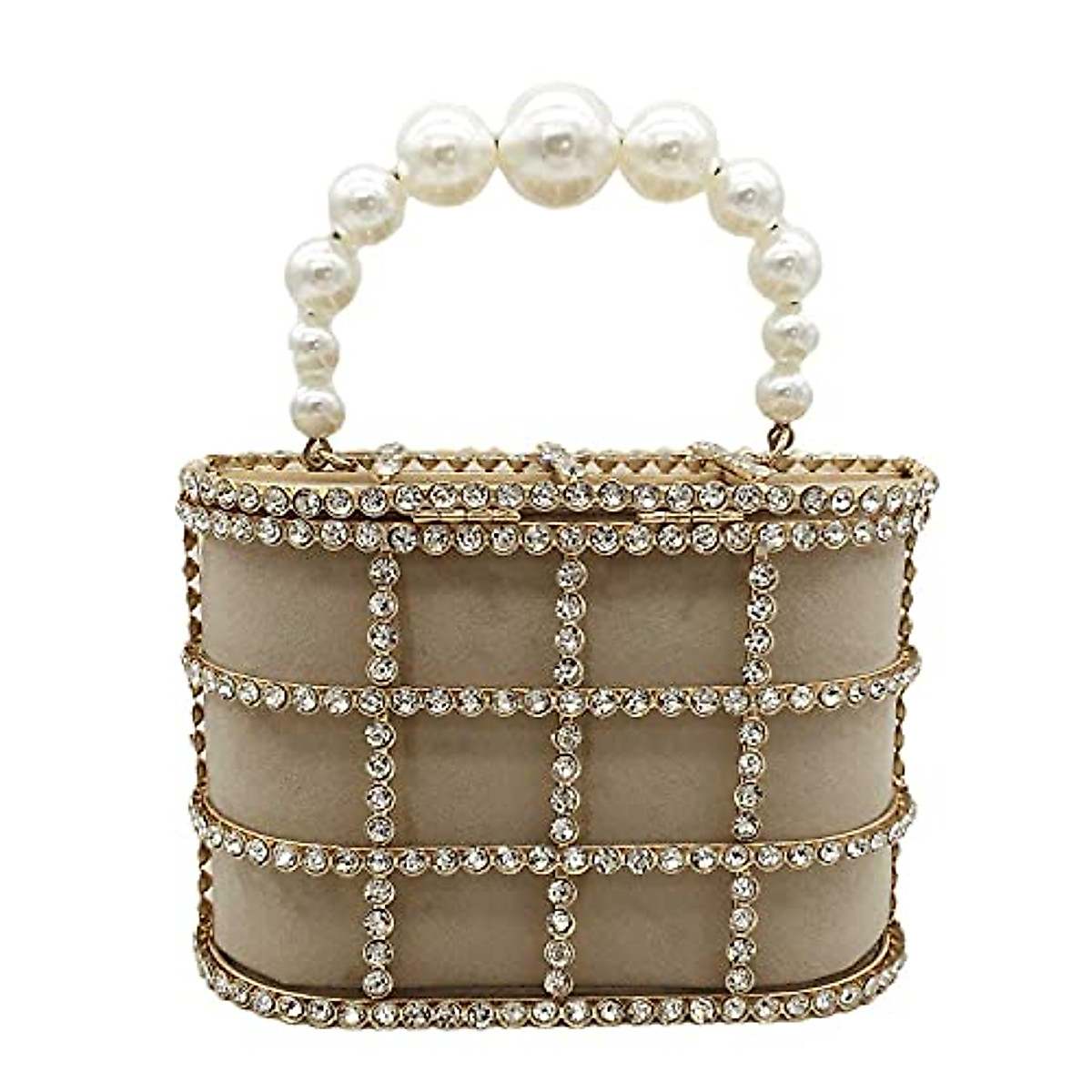 DDQYYSPP Synthetic Pearl Top-Handle Women Metal Bucket Bag Crystal Evening Purses and Clutches Formal Wedding Handbags