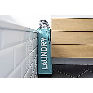 WENKO Corno Slim Laundry Basket with Wheels, Thin Laundry Hamper, Rolling Laundry Bin with Lid, Space Saving Narrow Laundry Hamper for dirty Clothes Storage, 23.6 x 15.7 x 7.3 inch, Petrol